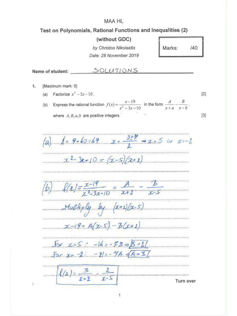 TEST 8. Polynomials - Rational Functions 2 (SOLUTIONS) | PDF
