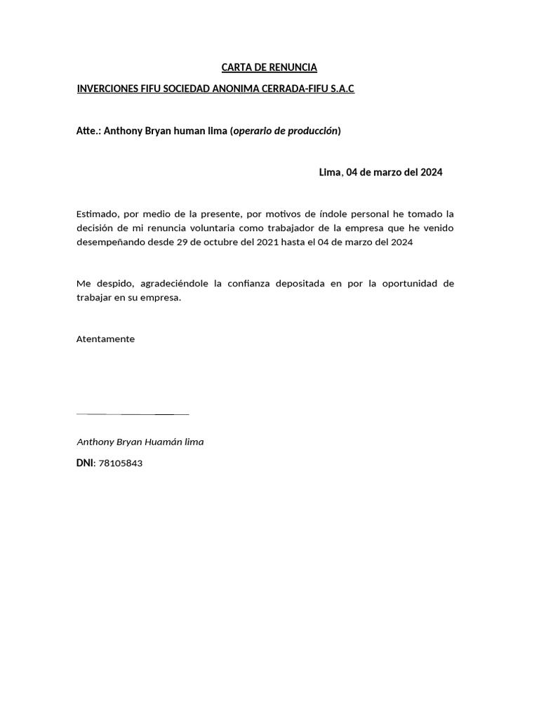 Carta de Renuncia Bryan | PDF