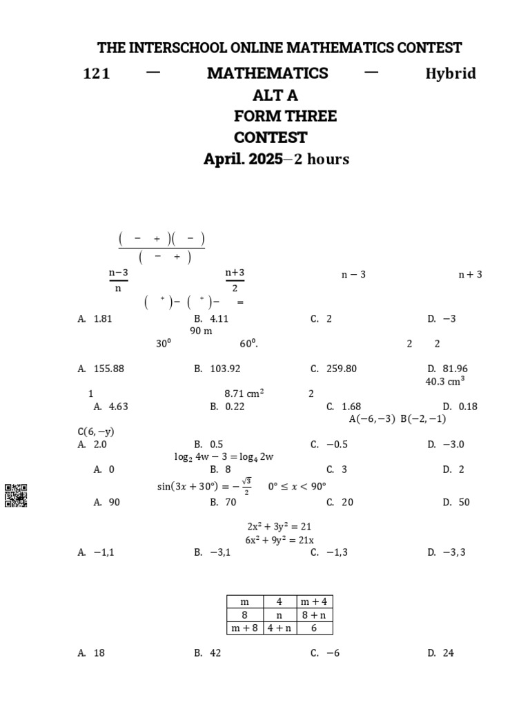 F3-National Online Maths Contest | PDF | Area | Equations