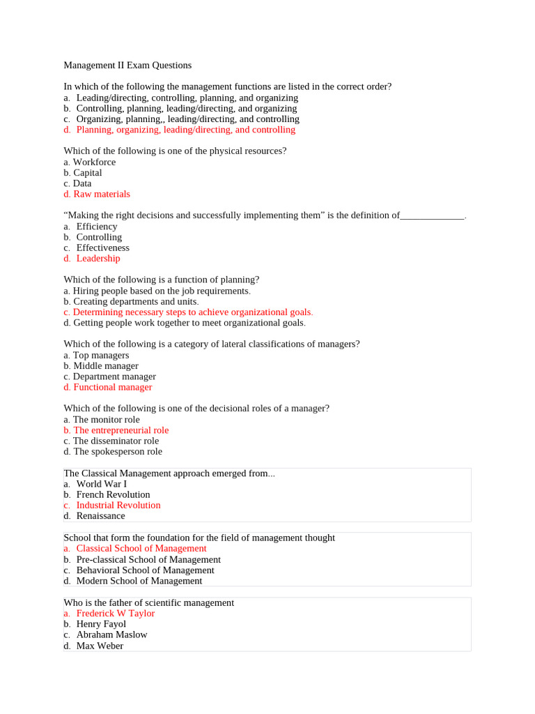 Management II Exam Questions Overview | PDF | Organizational Behavior ...