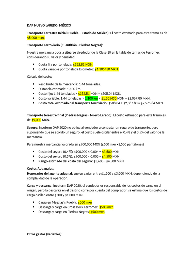 Costos de Transporte DAP Nuevo Laredo | PDF | Business | Transporte de ...