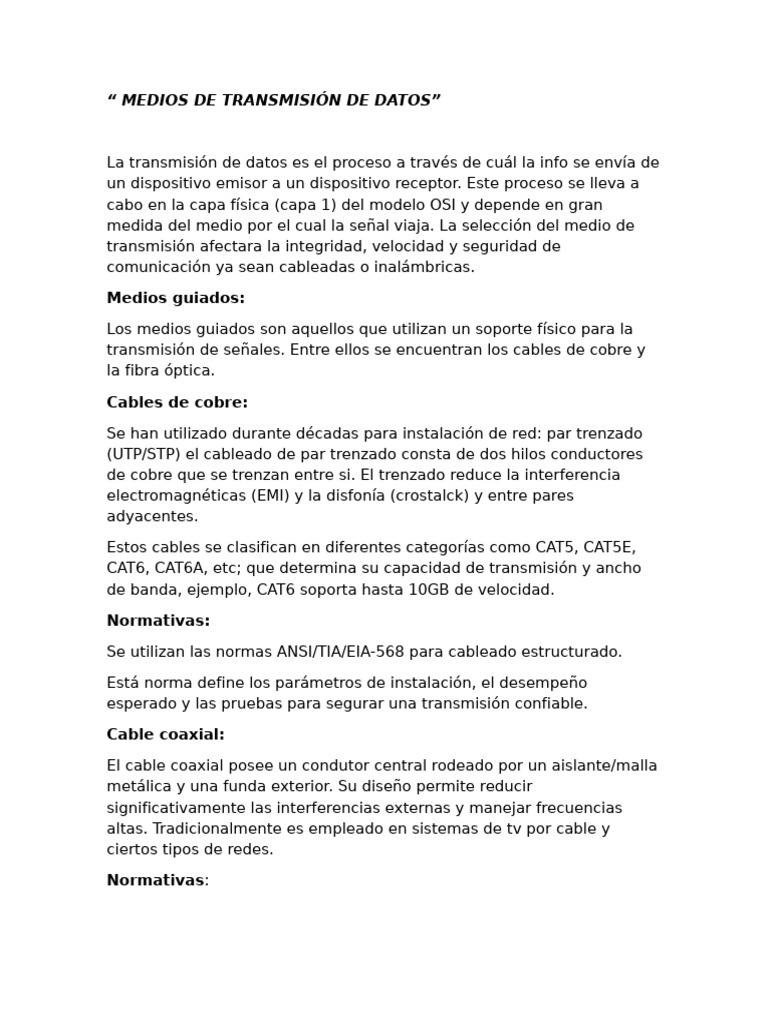 medios de transmision de datos | PDF | Cable coaxial | Red de computadoras
