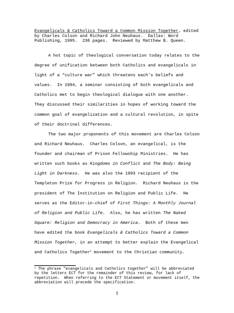 Evangelicals & Catholics: A Common Mission | PDF | Evangelicalism ...