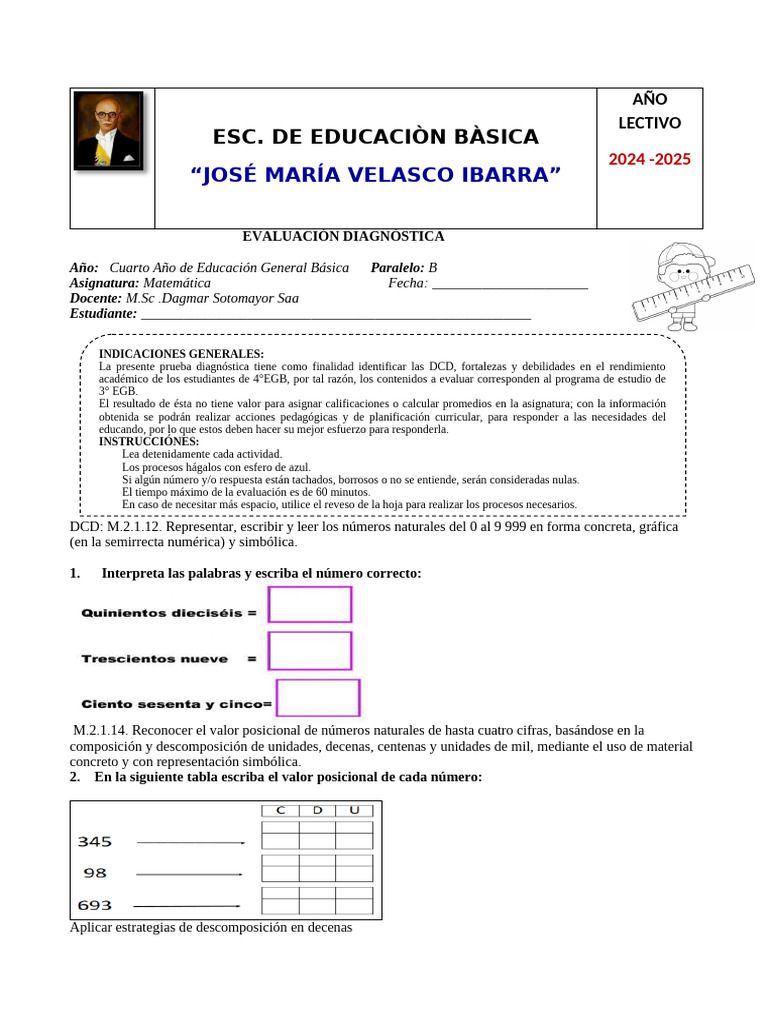 Evaluación Diagnóstica 4° EGB 2024-2025 | PDF | Educación primaria ...