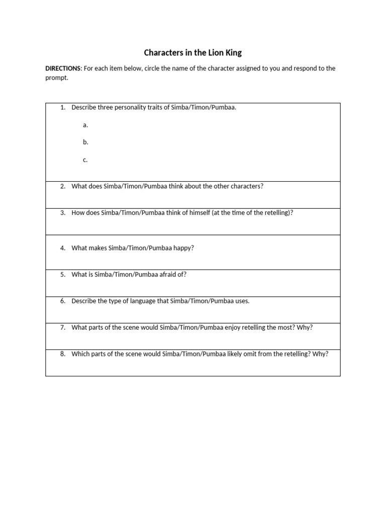 Narrative Activity Characters in The Lion King | PDF