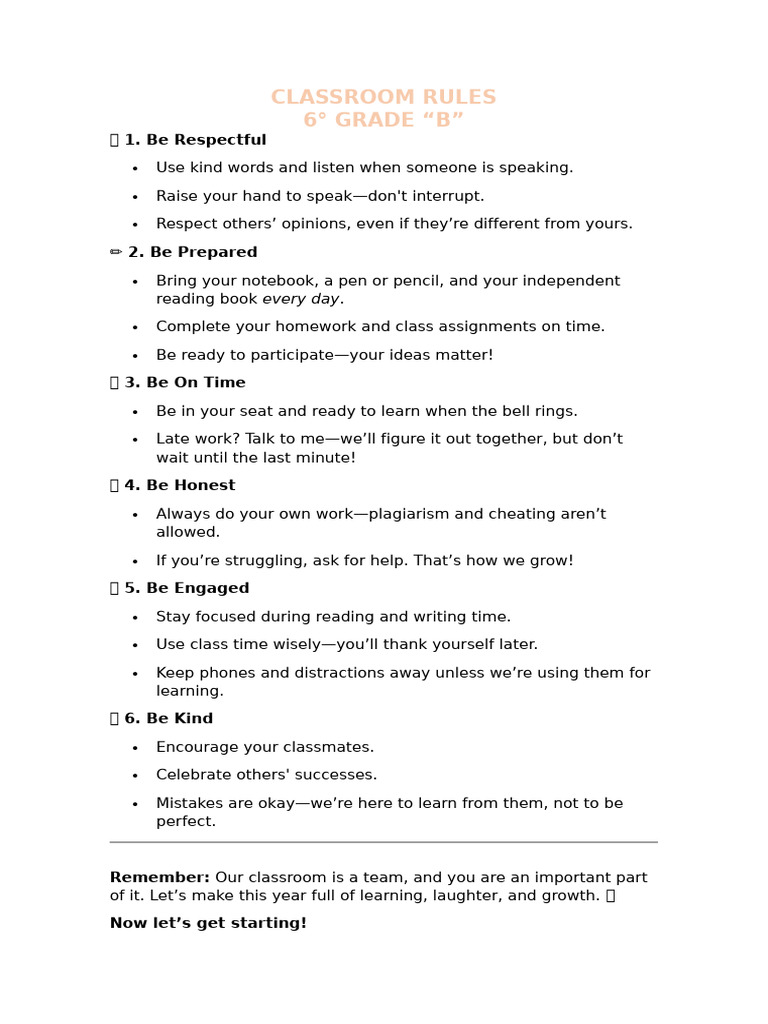 6th Grade Classroom Rules and Expectations | PDF