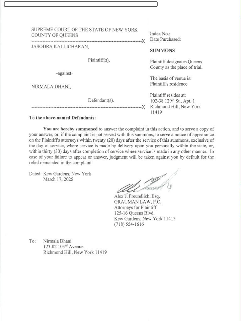 2025 JASODRA KALLICHARAN V NIRMALA DHANI SUMMONS COMPLAINT 1 | PDF ...