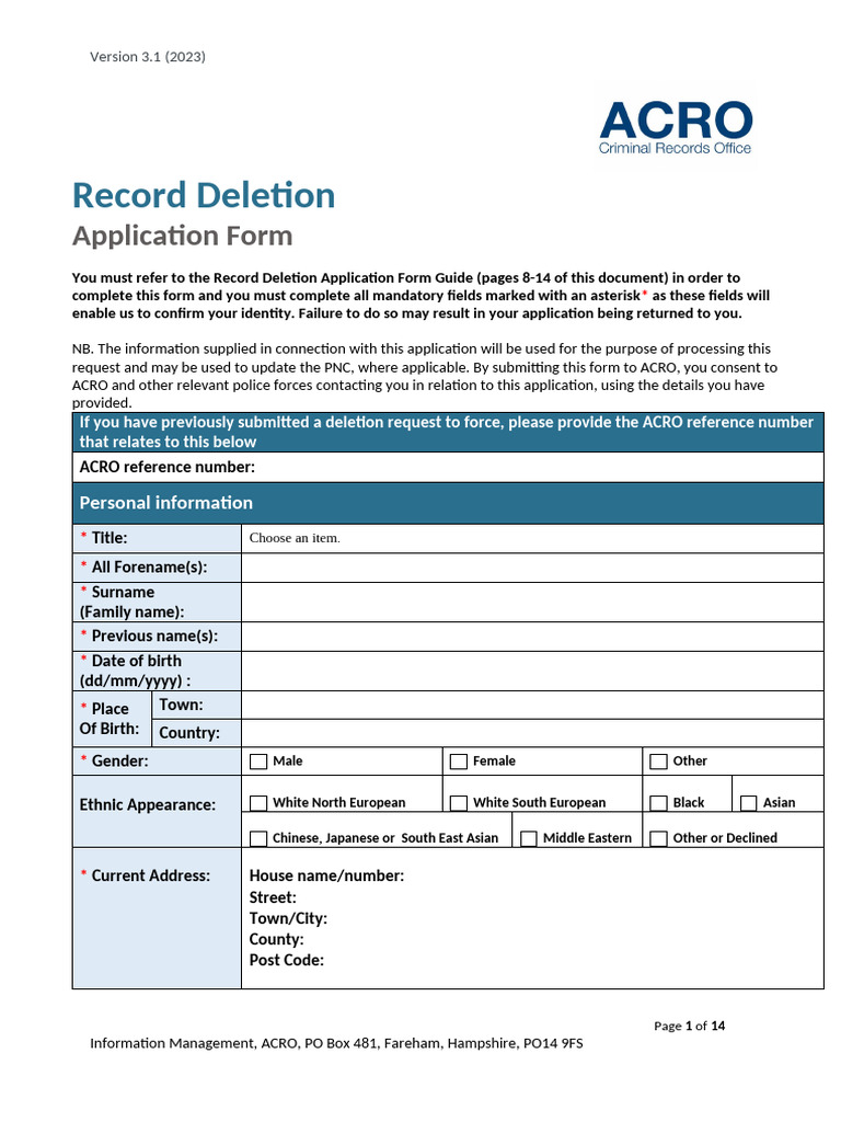 ACRO Record Deletion Application Form | PDF | Arrest | Identity Document