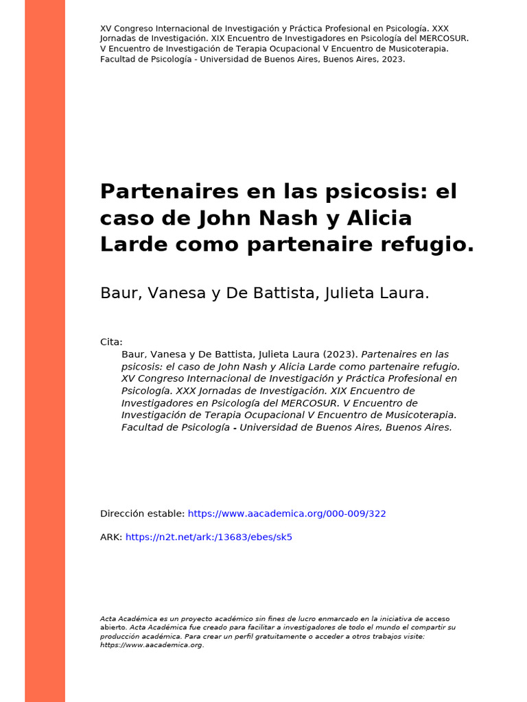 Baur, Vanesa y de Battista, Julieta (... ) (2023) - Partenaires en Las Psicosis El Caso de John ...