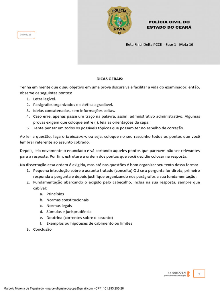 Questão Discursiva - F1M16 - RETA FINAL PCCE - 20.03.25 | PDF | Liberdade de expressão | Crimes