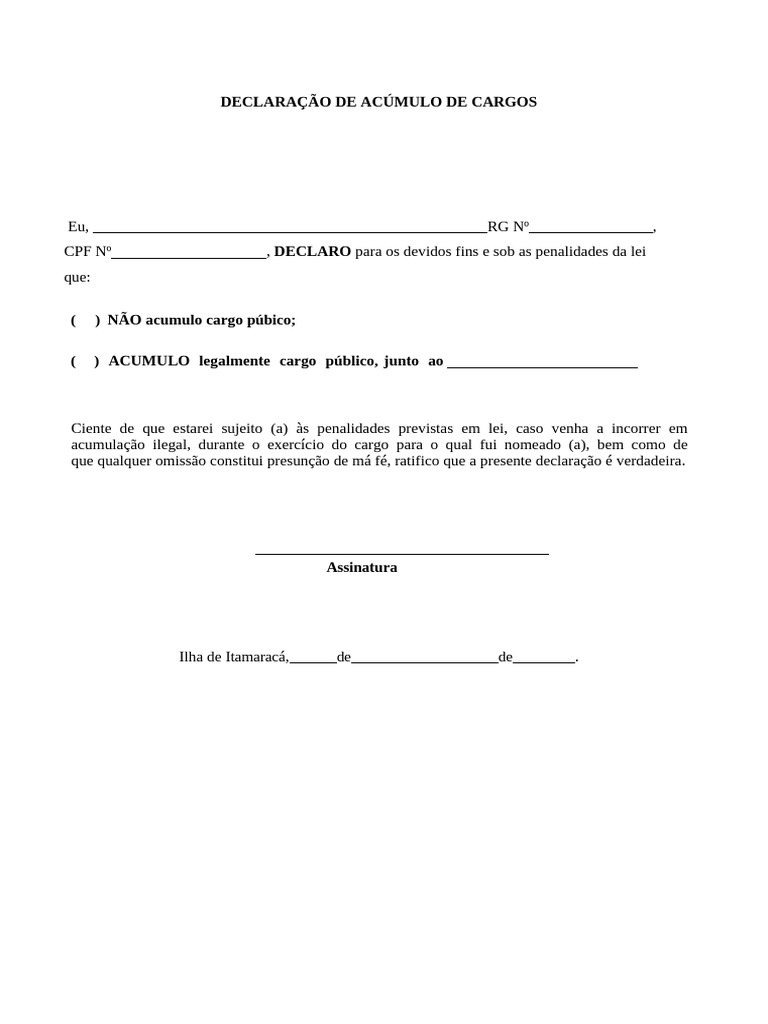 Modelo - Declaração de Acúmulo de Cargos | PDF