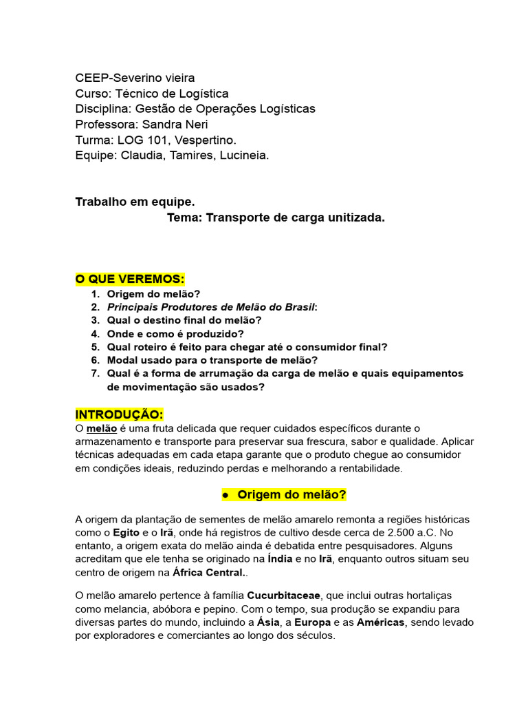 Transporte de Carga Unitizada: Melão | PDF | Brasil | Agricultura