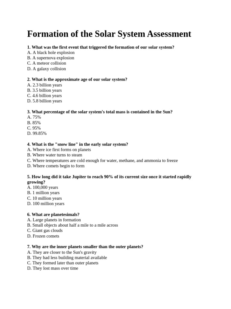 Formation of the Solar System Assessment | PDF | Solar System ...