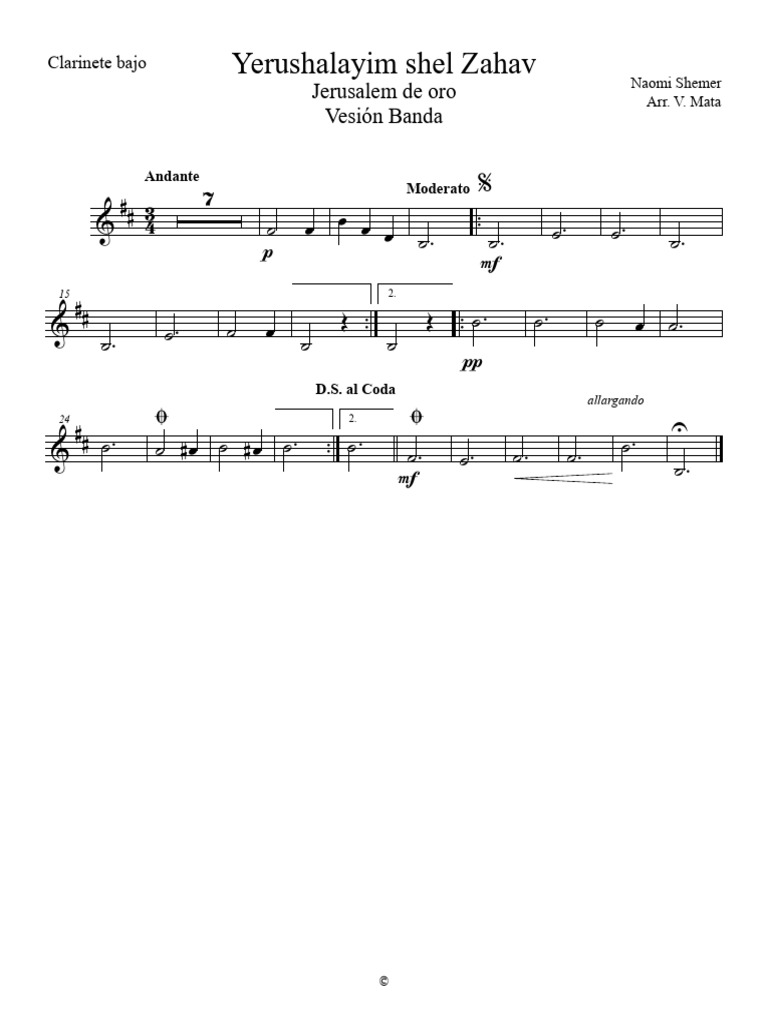 Yerushalayim Shel Zahav - Banda - Clarinete Bajo | PDF
