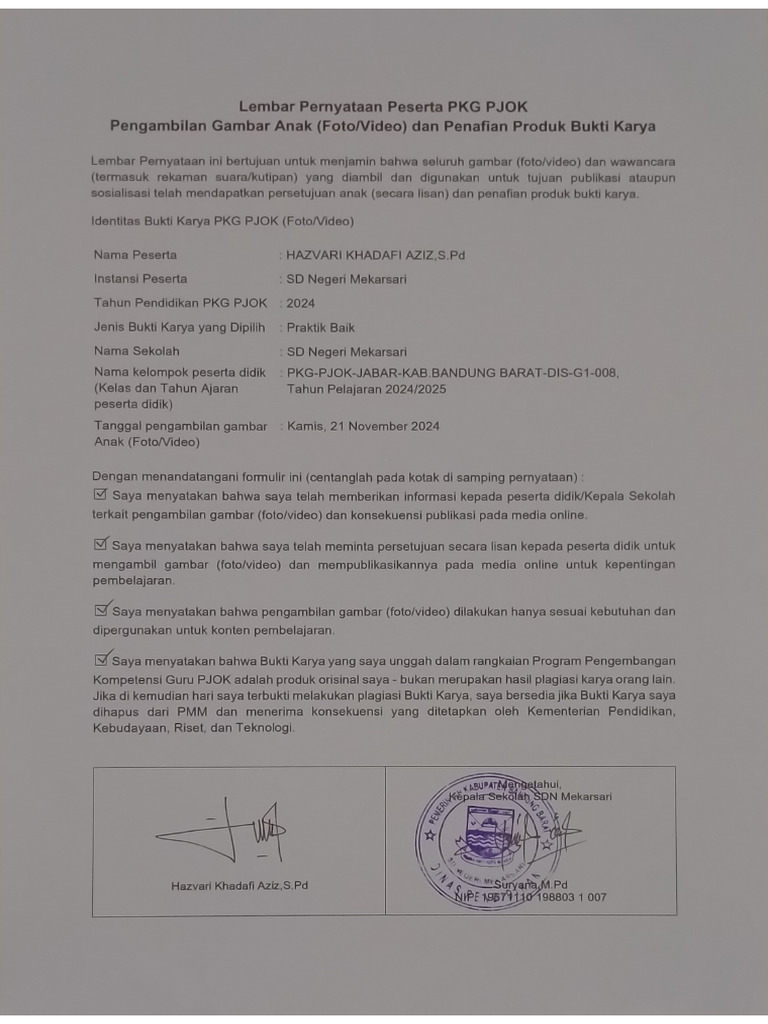 Lembar Pernyataan PKG PJOK | PDF