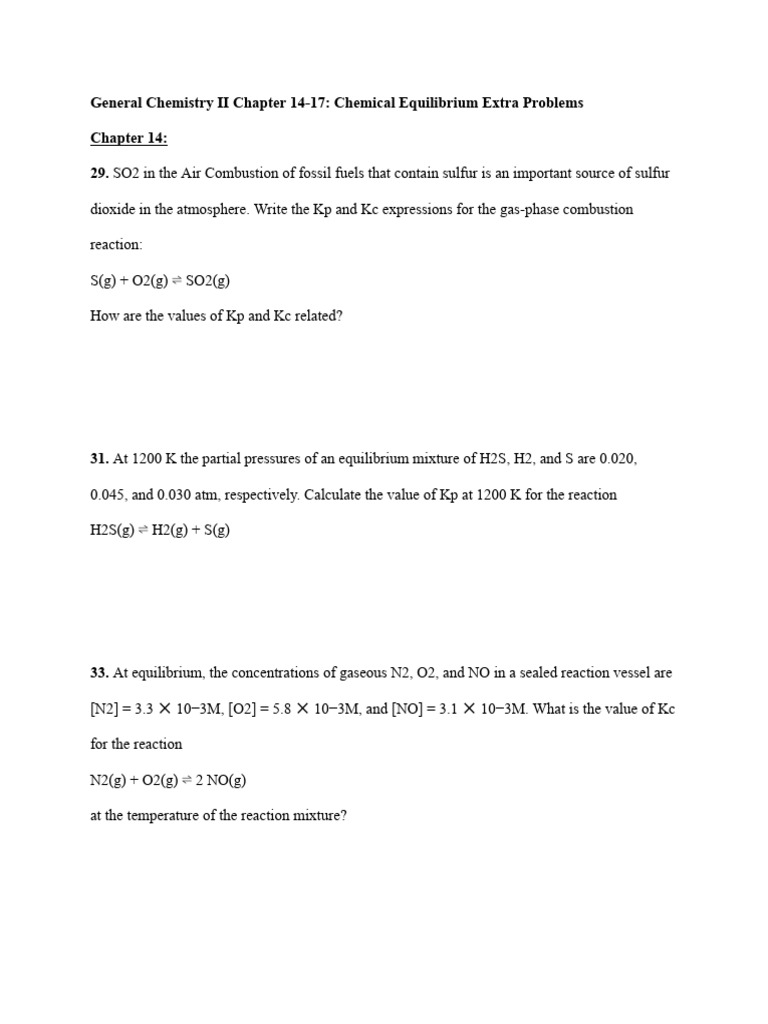 General Chemistry II Chapter 14-17 - Chemical Equilibrium Extra Problems | PDF | Chemical ...