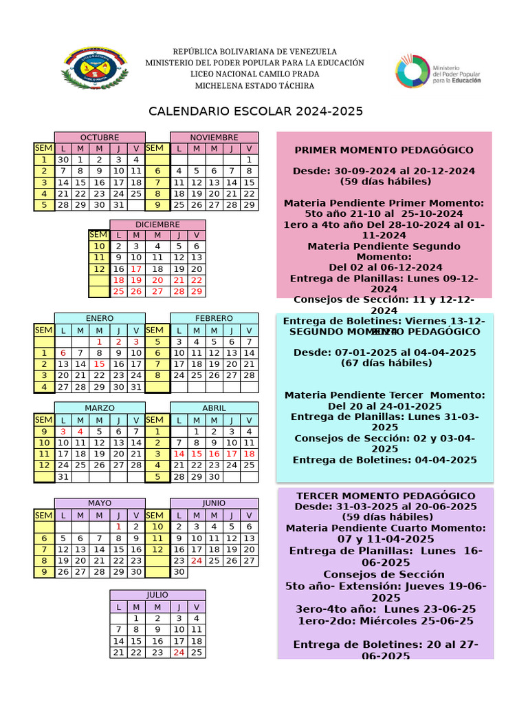 Calendario Escolar 2024-2025 Venezuela | PDF