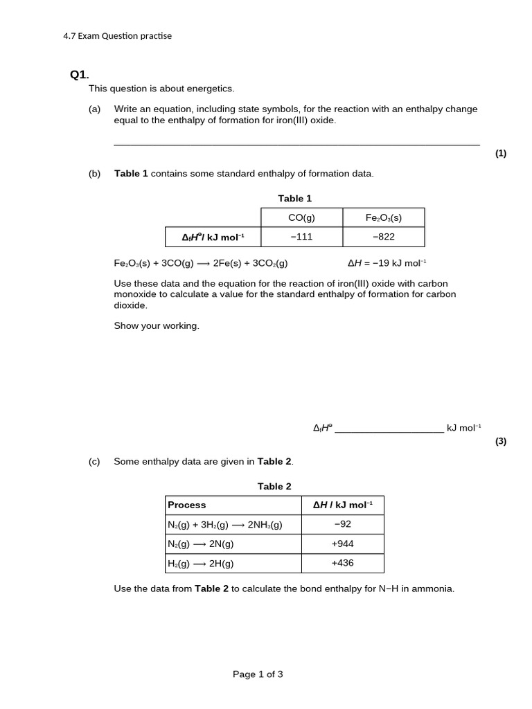 Energetics and Enthalpy Exam Practice | PDF | Oxide | Enthalpy