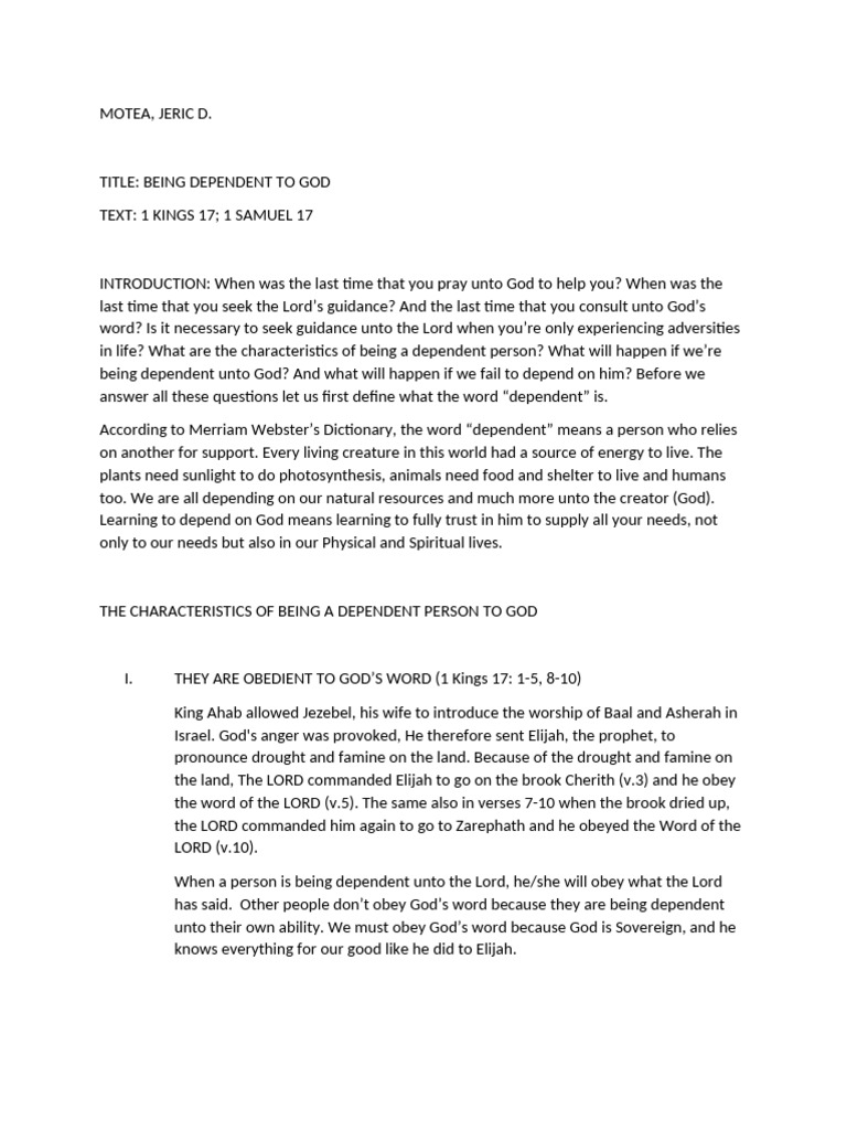 JERIC_OUTLINE ON BEING DEPENDENT TO GOD 2222 | PDF | Elijah | Books Of Kings