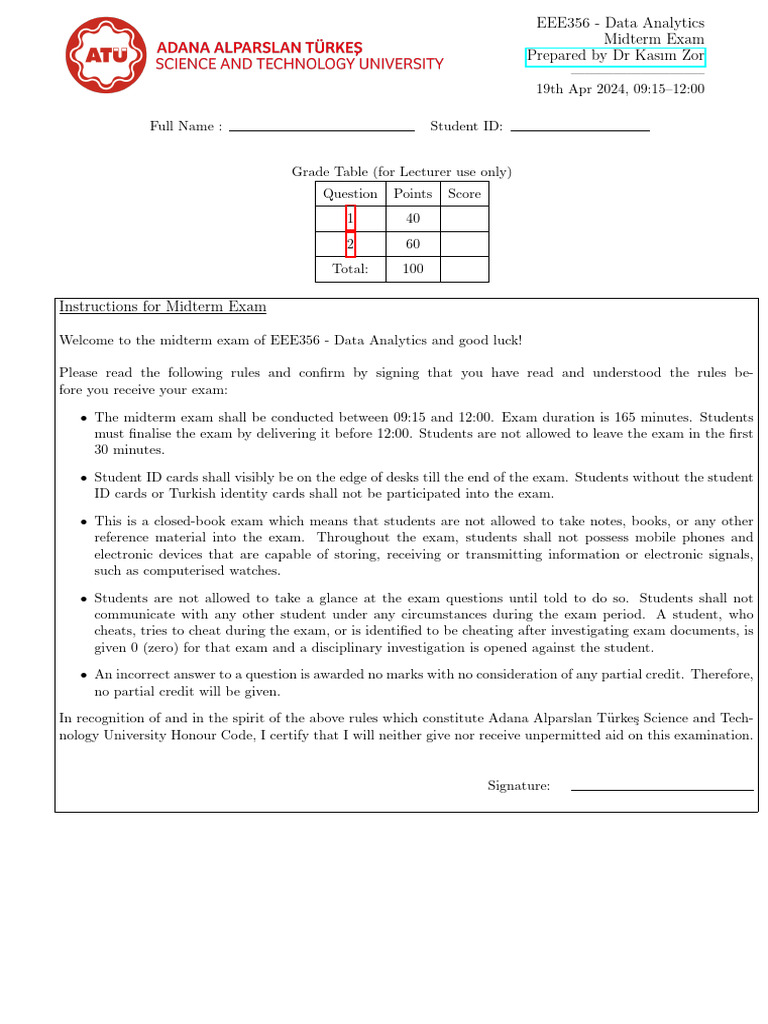 EEE356 Data Analytics Midterm Exam | PDF | Data | Information Technology