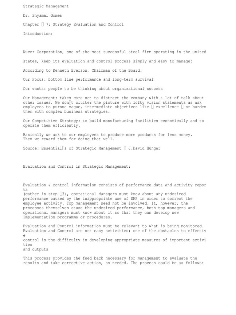Ch 7 Strategy Evaluation And Control Pdf Strategic Management