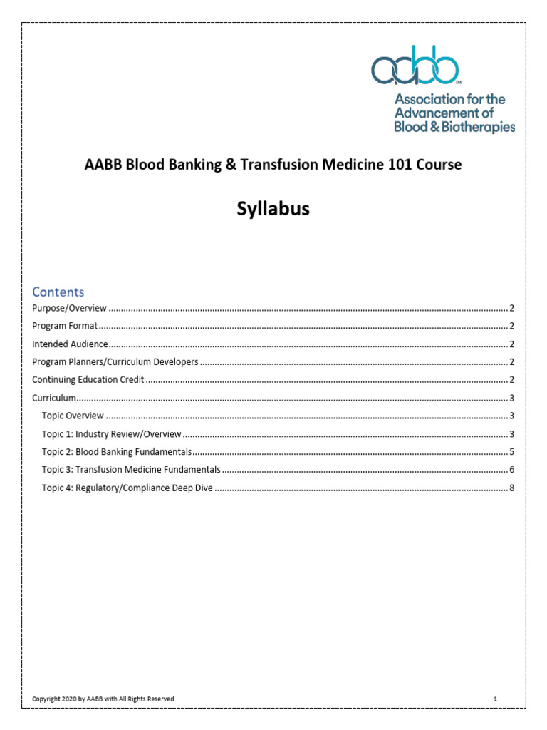 Blood Banking 101 Syllabus | PDF | Blood Transfusion | Bleeding