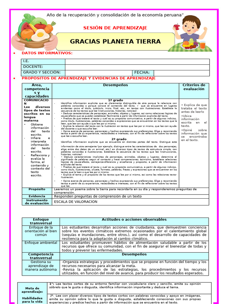 Fecha Civica Sesion Gracias Planeta Tierra | PDF | Aprendizaje ...