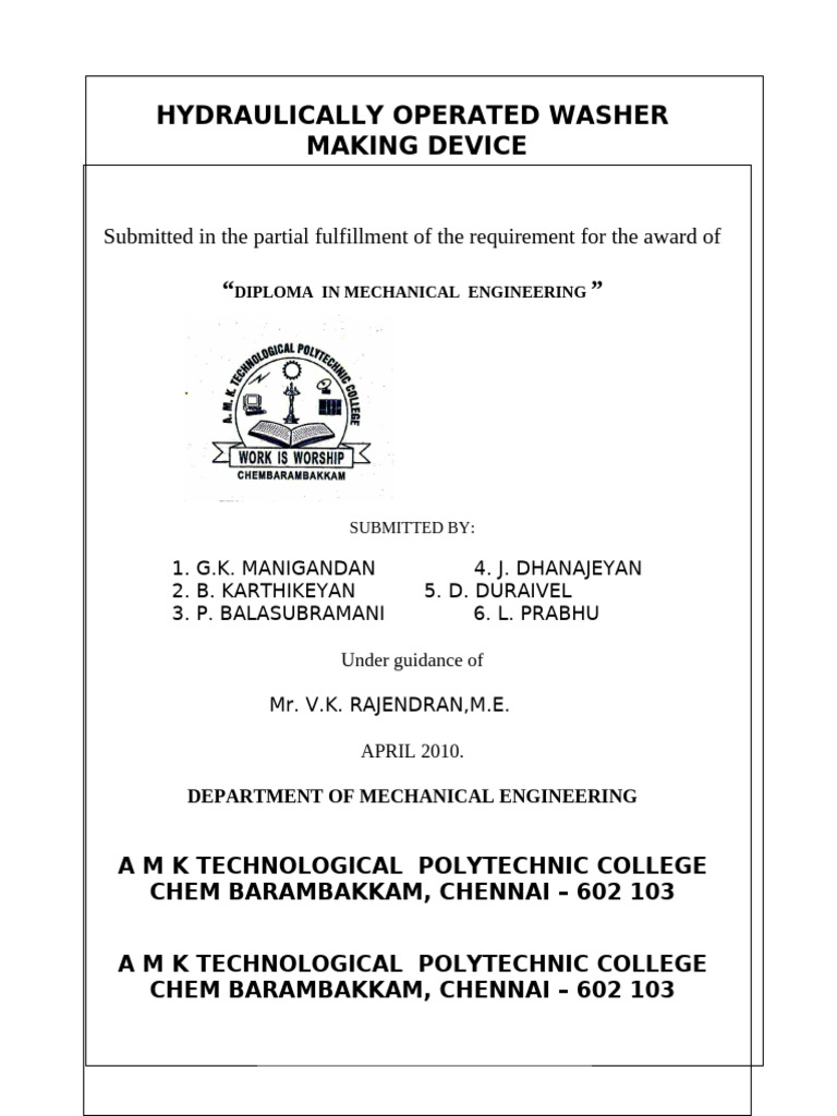 Hydraulic Washer Making Device Project | PDF | Pump | Hydraulics