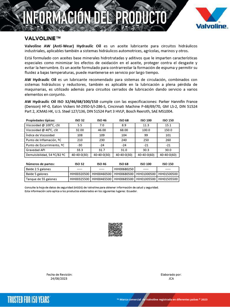 Valvoline™ Aw Hydraulic Oil: Propiedades Típicas: ISO 32 ISO 46 ISO 68 ...