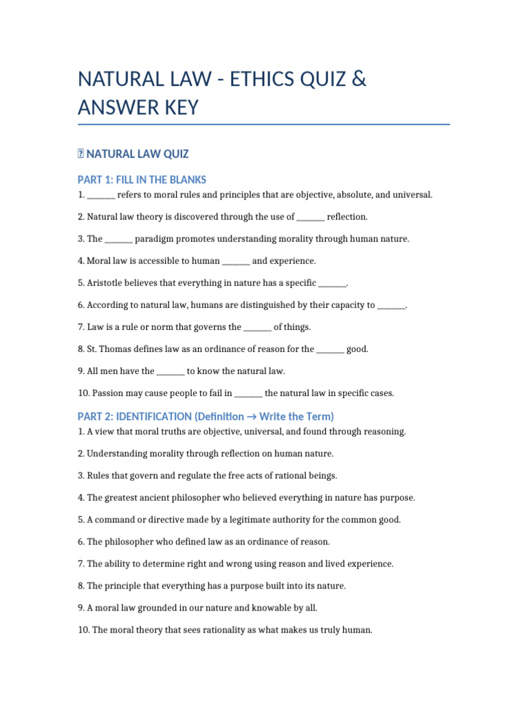 Natural Law Ethics Quiz & Answers | PDF | Natural Law | Reason