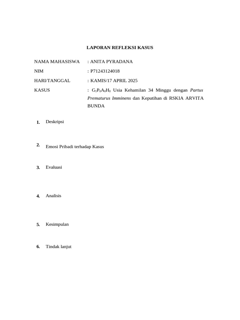 LAPORAN REFLEKSI KASUS KOMPLIKASI & KEGAWATDARURATA_ANITA PRADANA | PDF