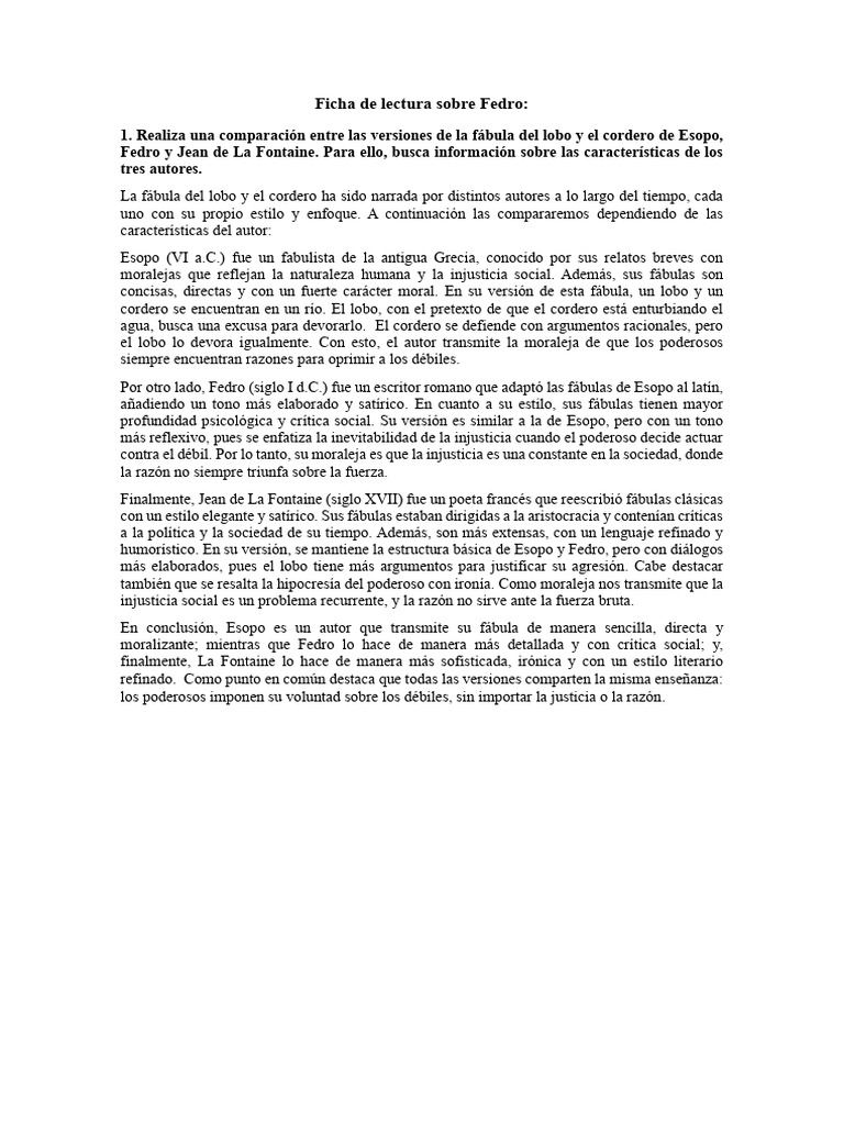 Ficha de Lectura Sobre Fedro | PDF | Fábula | Esopo