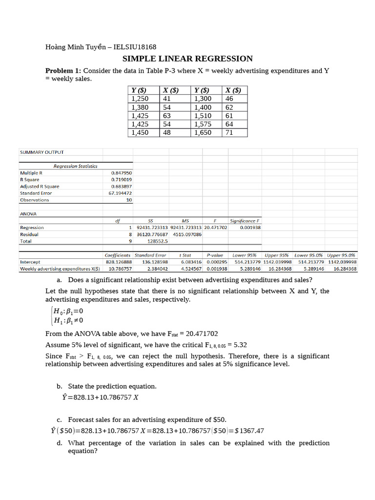 HW_SIMPLE_LINEAR_REGRESSION__1_.docx | PDF | Coefficient Of Determination | Statistical Significance
