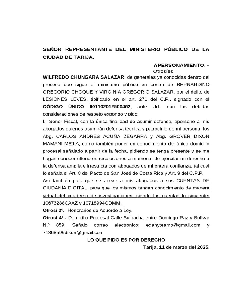 Apersonamiento WILFREDO | PDF | Justicia | Crimen y violencia