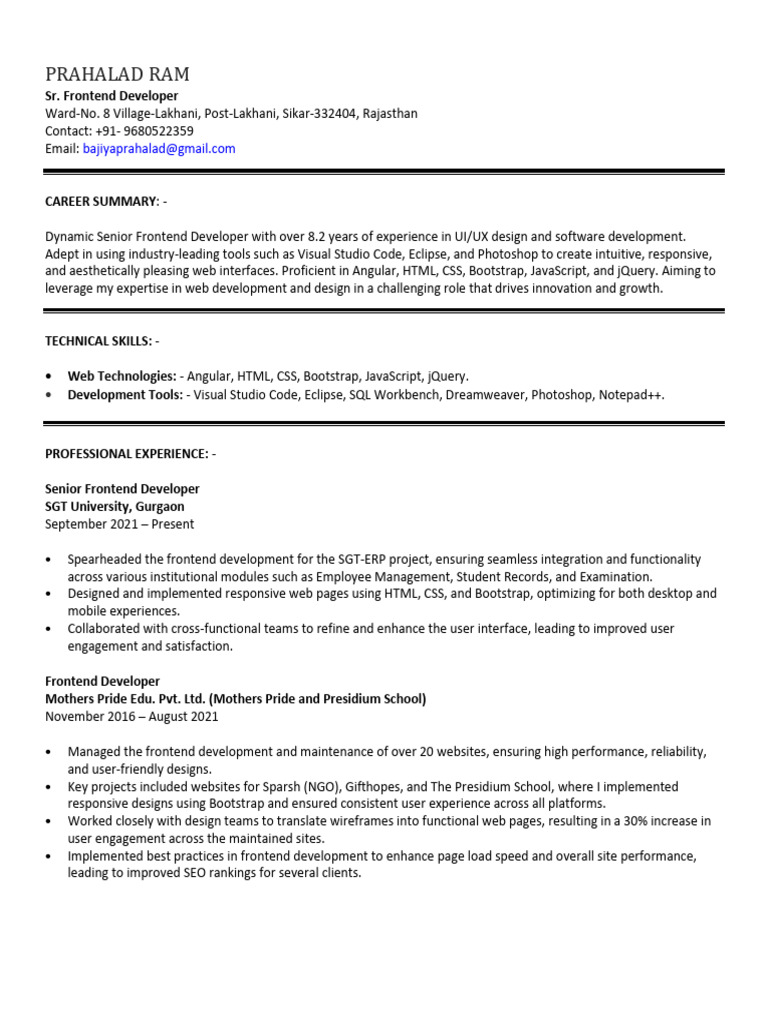 Senior Frontend Developer Resume | PDF | Bootstrap (Front End Framework) | Web Development