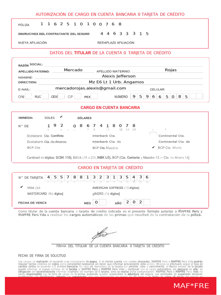 Afiliacion Bancaria Mapfre (Editable) | PDF | Tarjeta de crédito | Bancos