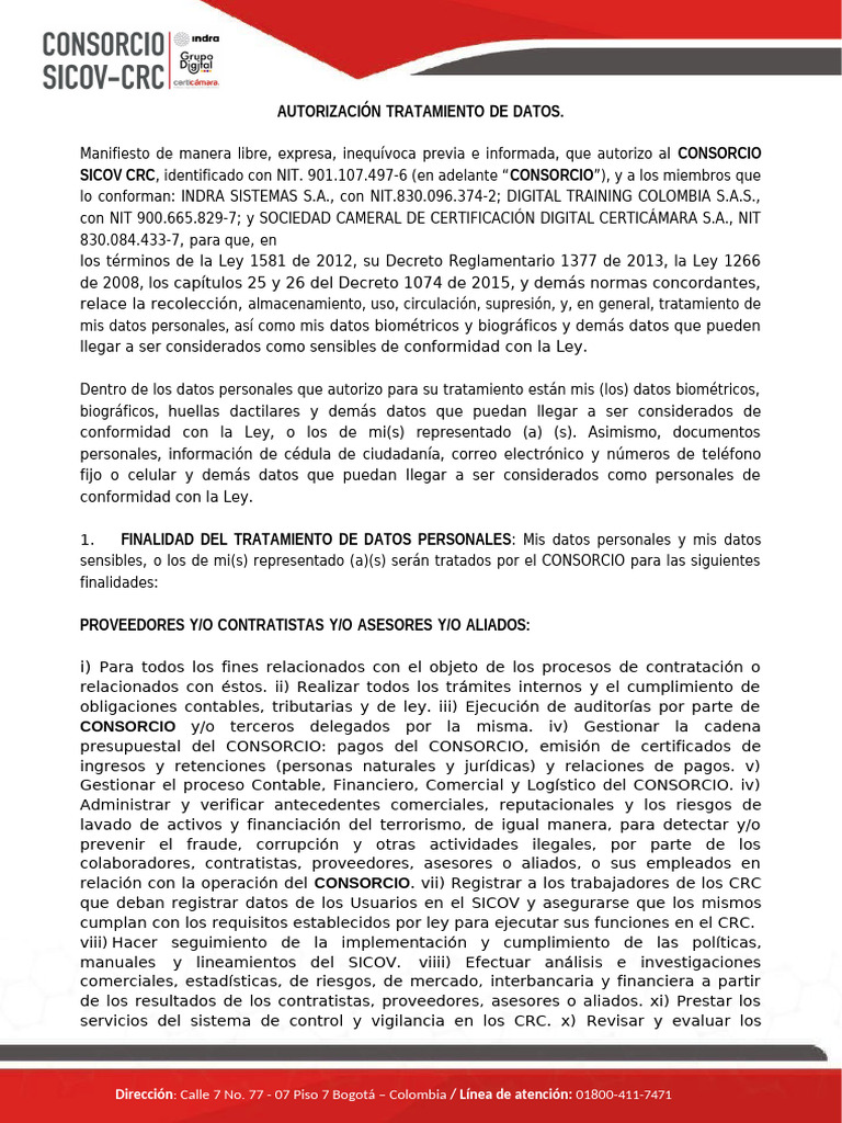 Autorización Tratamiento de Datos de Los CRC Al Consorcio. | PDF | Auditoría
