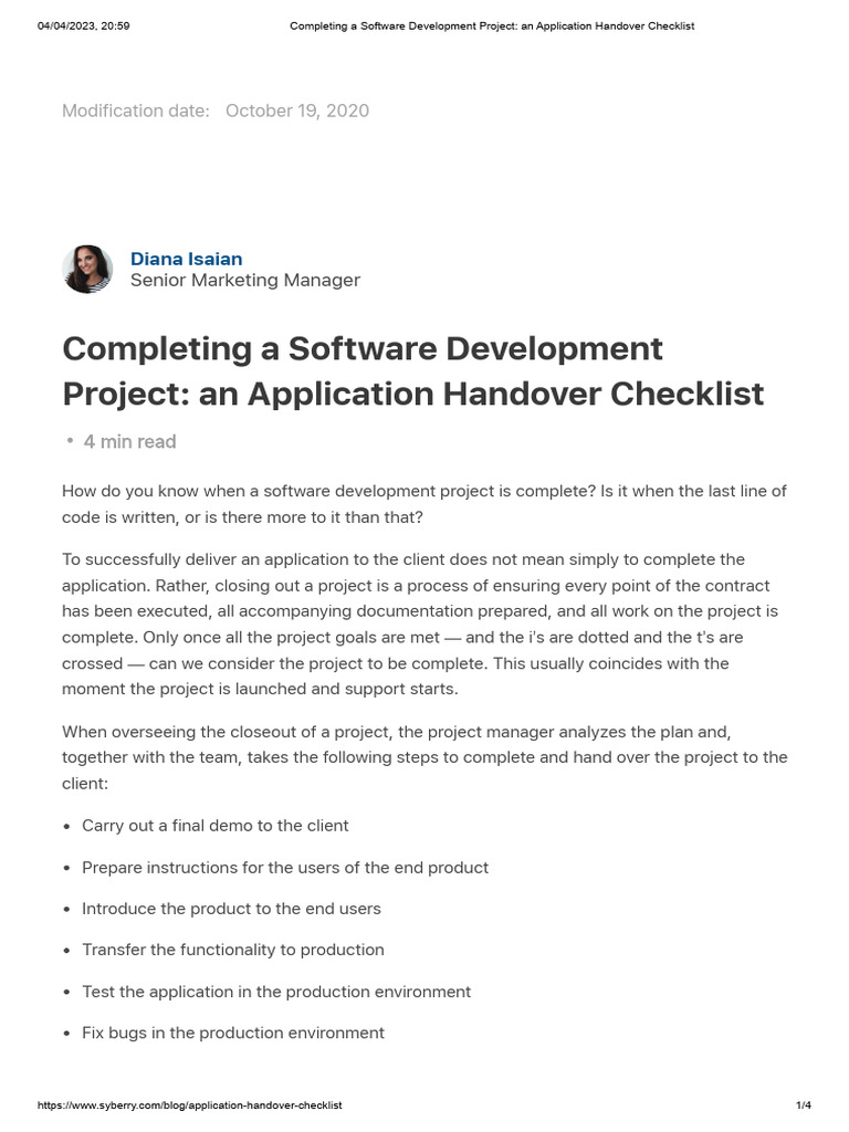 Completing A Software Development Project - An Application Handover Checklist | PDF | Software ...