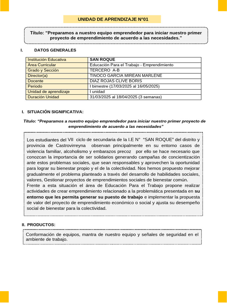 Unidad de Aprendizaje N°1 - Tercero Ept 2025 | PDF | Iniciativa empresarial | Aprendizaje