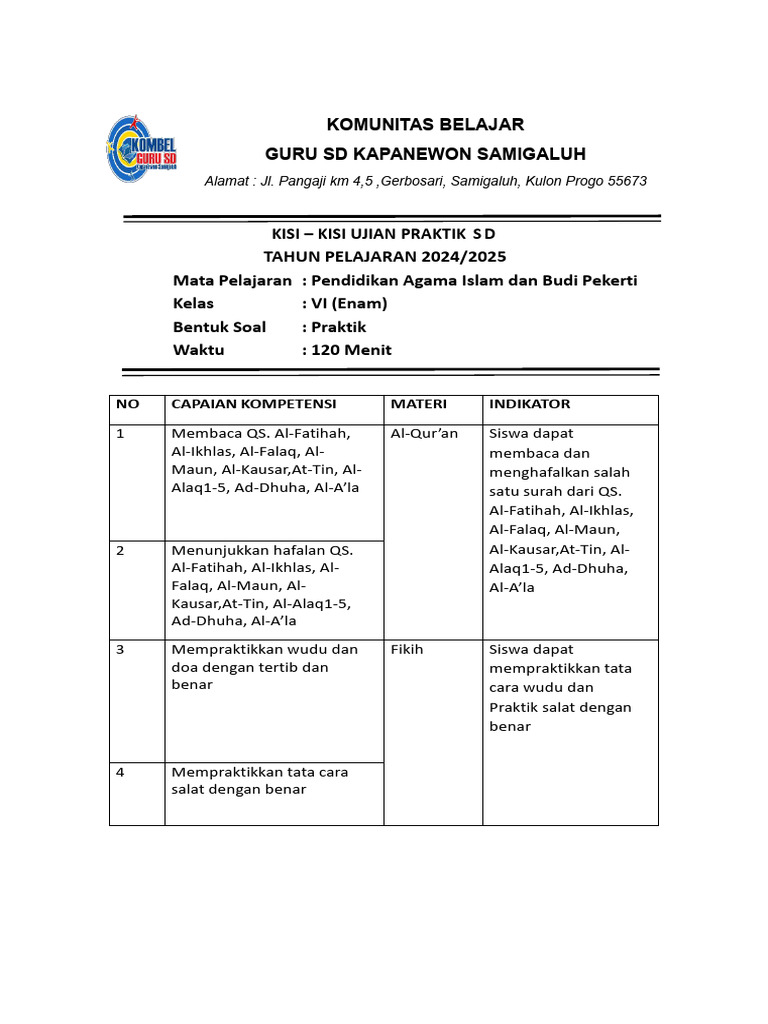 Soal Praktik Pai Kapanewon | PDF