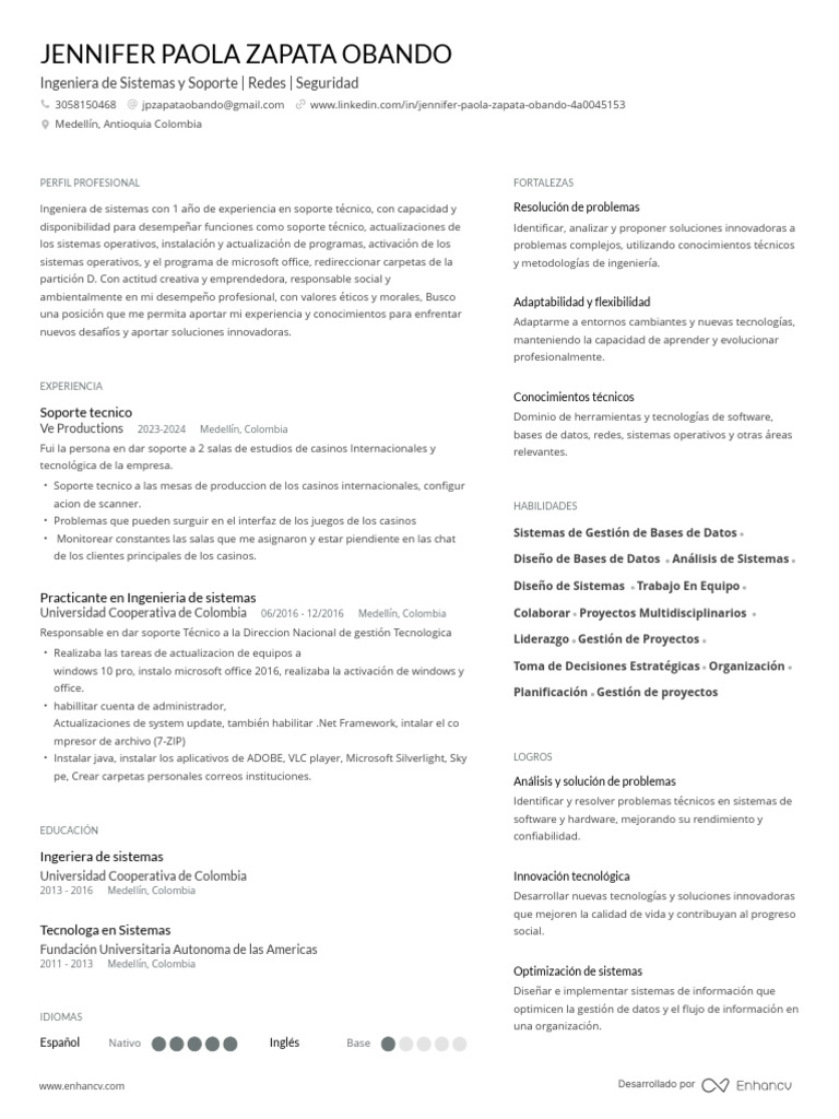 Jennifer Paola Zapata Obando Resume | PDF | Ingeniería de Sistemas ...