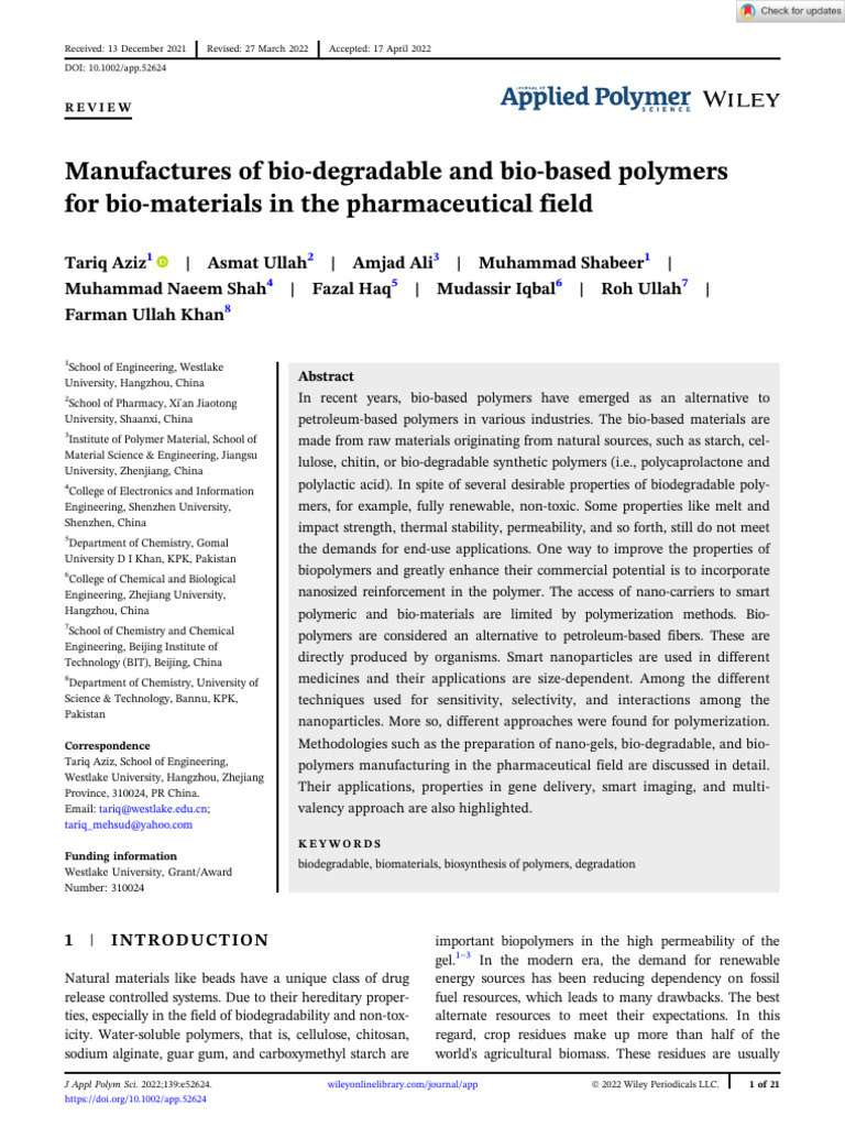 J of Applied Polymer Sci - 2022 - Aziz - Manufactures of Bio Degradable and Bio Based Polymers ...