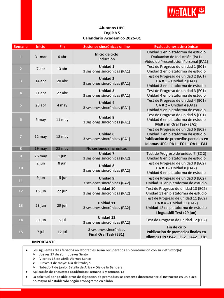 E5 Calendario Alumnos UPC 2025-01 | PDF