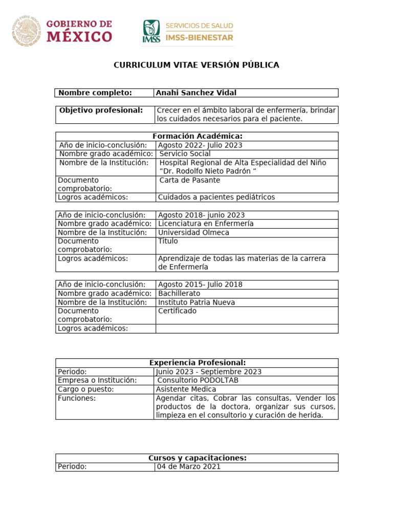 Curriculum Vitae Version Publica (Anahi) | PDF | Enfermería | Titulo academico