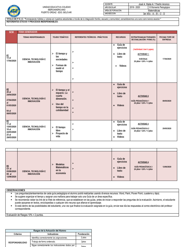 Plan Iii Lapso Matematica 3er Año | PDF | Pedagogía | Aprendizaje