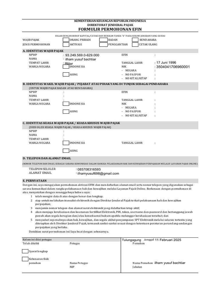 Formulir Permohonan Aktivasi EFIN | PDF