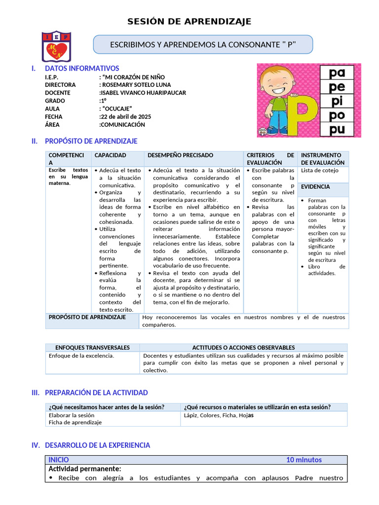 Aprendizaje de la Consonante "P" en 1° | PDF | Aprendizaje | Cognición
