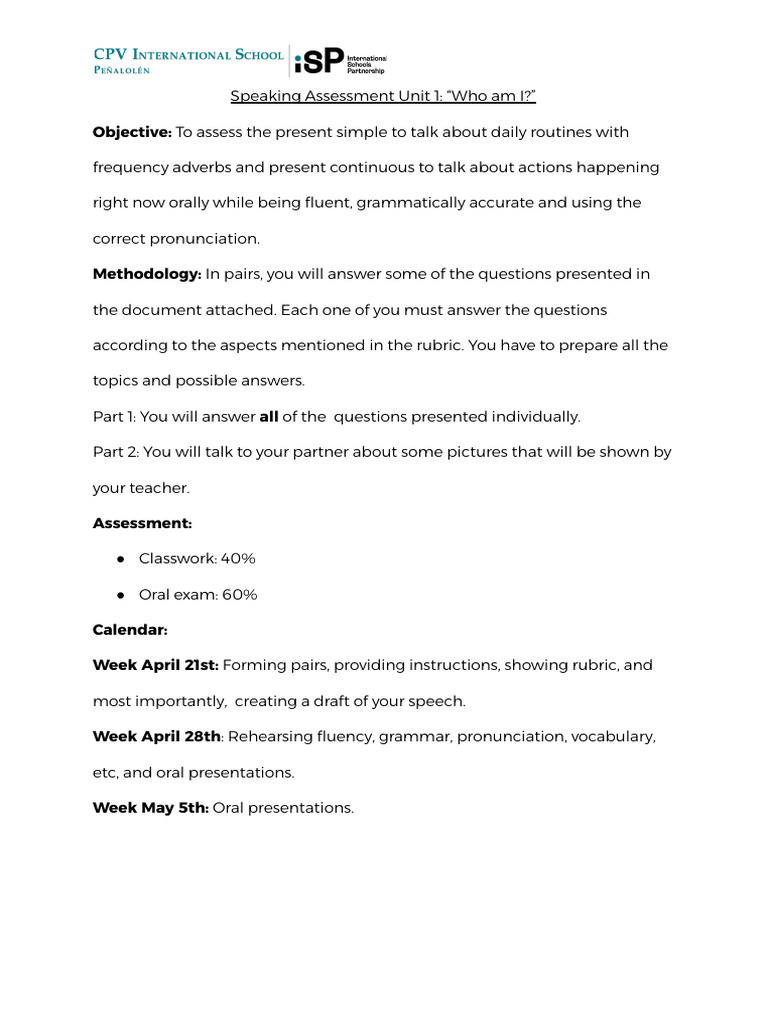 Speaking Assessment Unit 1 - "Who Am I | PDF | Human Communication ...