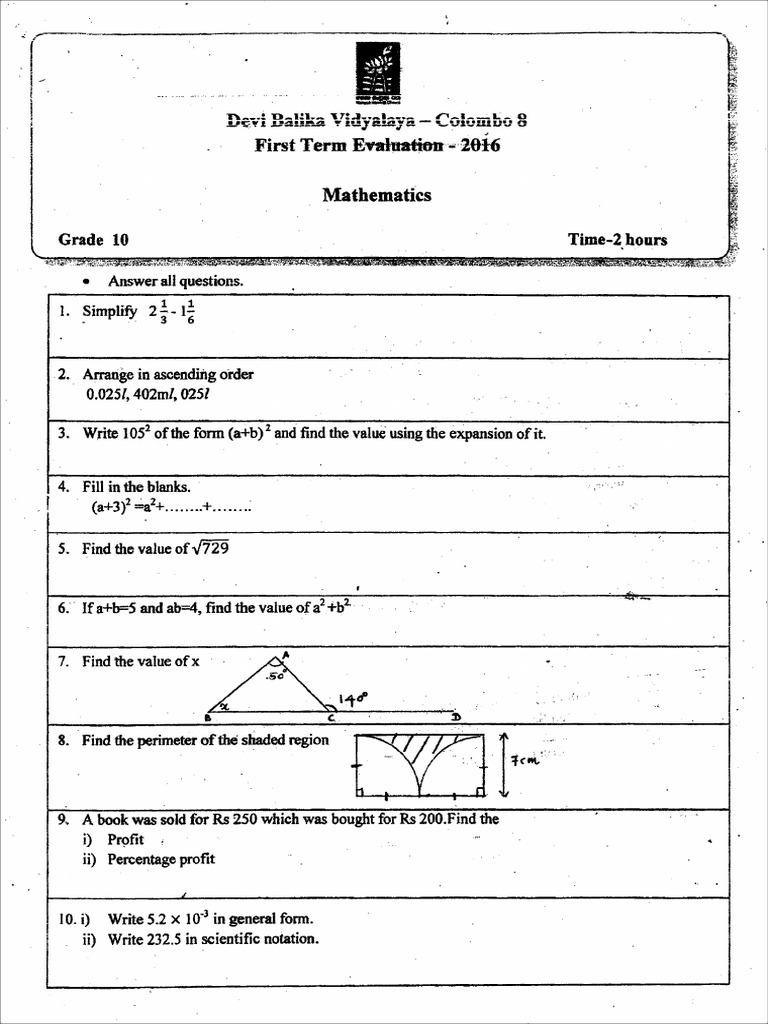 2016 Grade 10 Maths First Term Paper English Medium Devi Balika ...