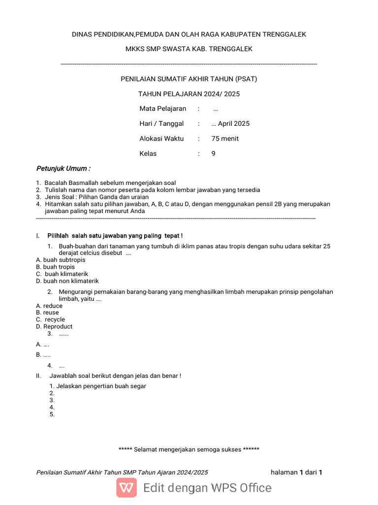 FORMAT SOAL PSAT TP 2024-2025 | PDF